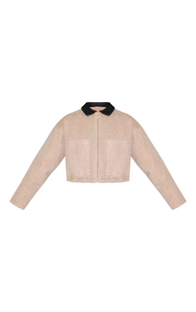 Cream Twill Contrast Collar Cropped Jacket | Outerwear | PLT