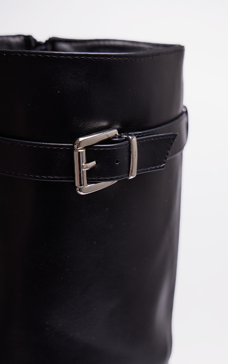 Black Round Toe Fold Over Buckle Knee High Boots | Footwear ...