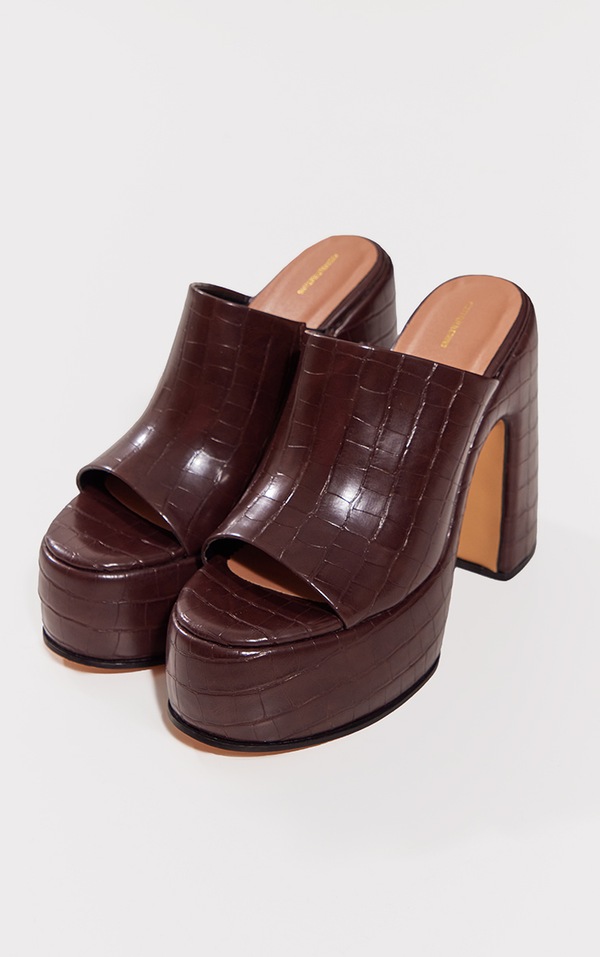 Burgundy PU Croc Chunky Platform Heeled Mules | Footwear | PLT