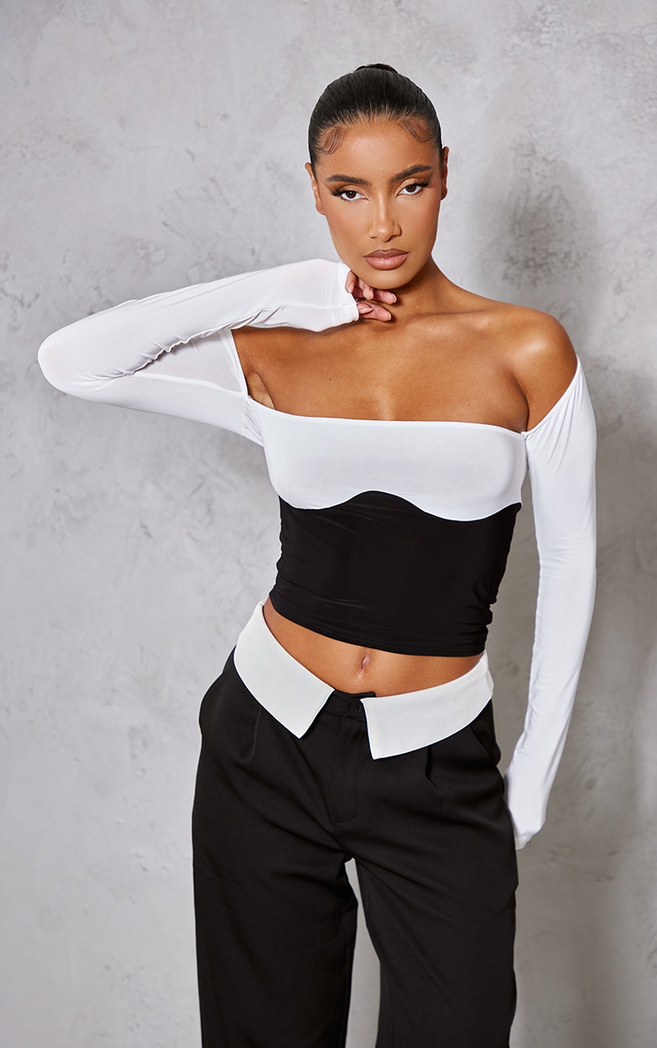 Black Slinky Contrast Bust Long Sleeve Top | Tops | PLT AUS