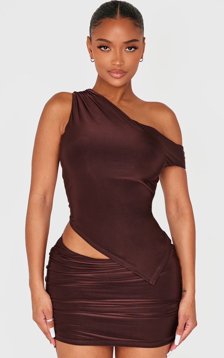 Shape Chocolate Asymmetric Longline Top | Shape | PrettyLittleThing CA