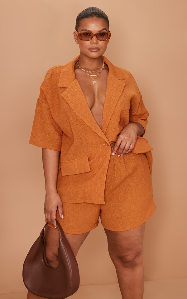 Plus Rust Textured Tie Waist Short Sleeve Shirt | PrettyLittleThing AUS