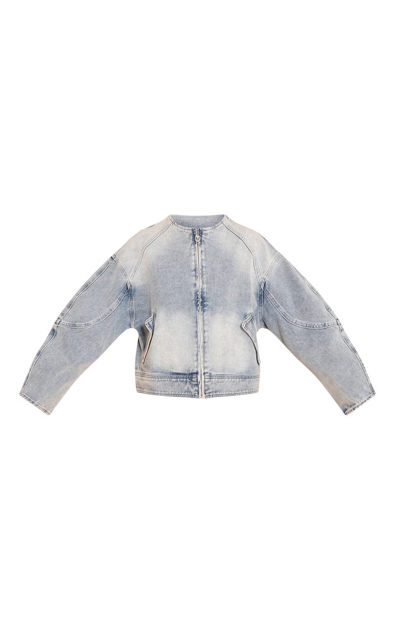 Light Blue Round Neck Balloon Sleeve Denim Jacket | Denim ...