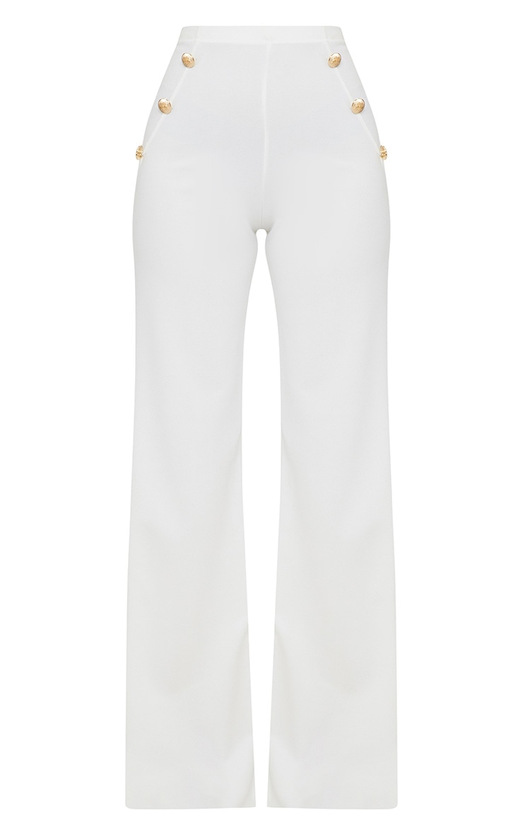 Petite White Military Button Wide Leg Trousers | PrettyLittleThing IE