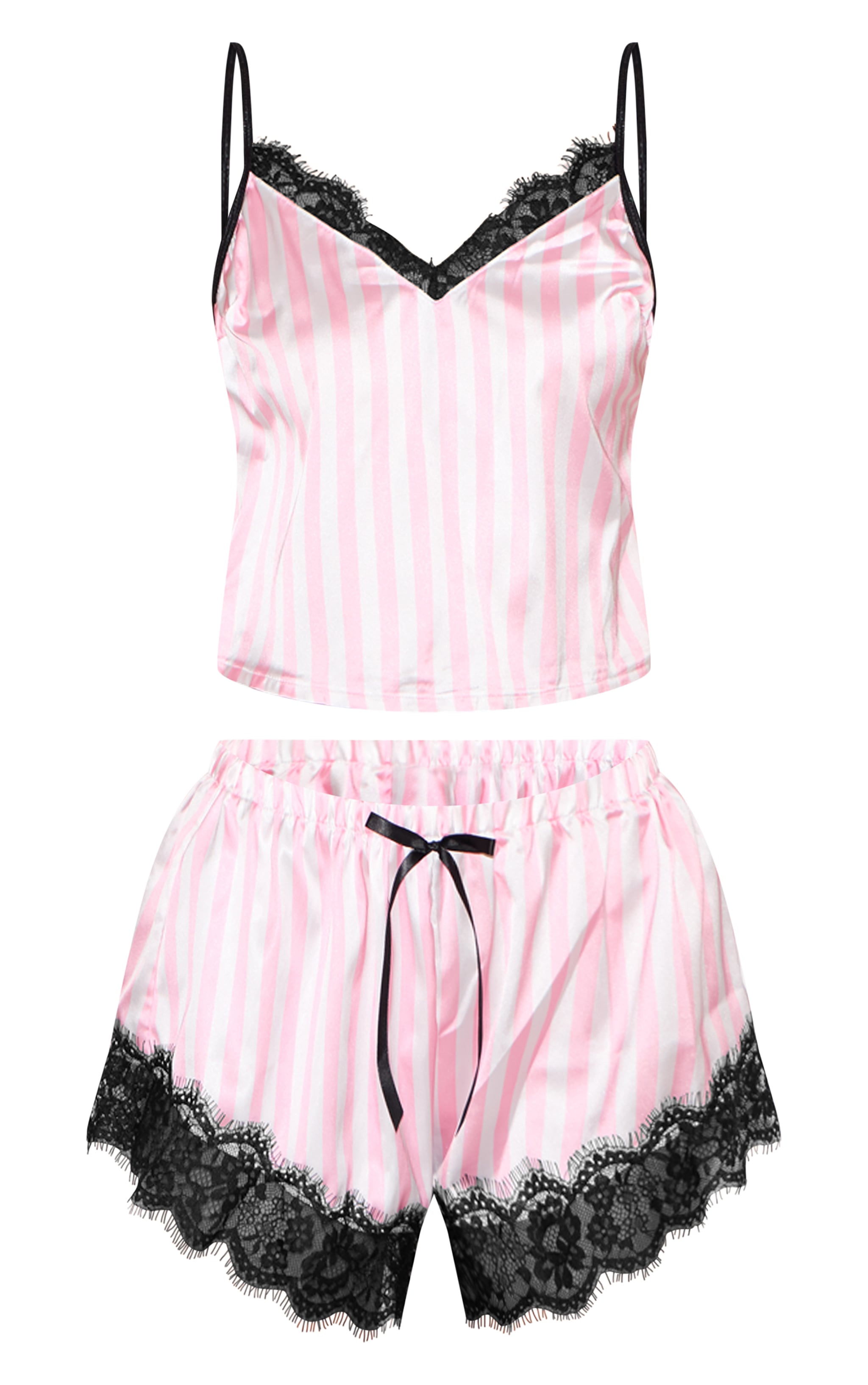 Pink Stripe Contrast Lace Satin Cami Short Pj Set Lingerie