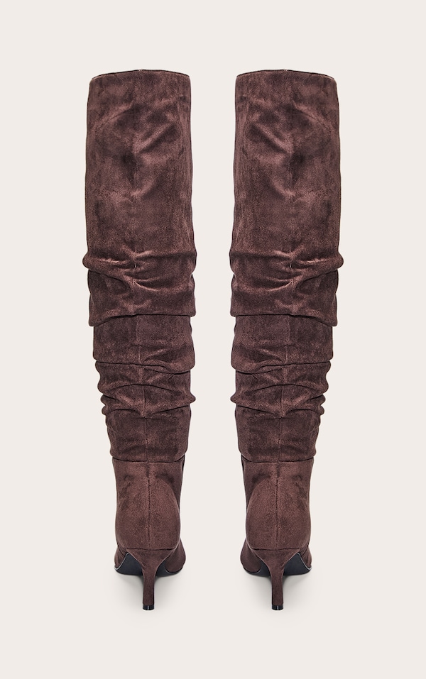 Chocolate Over The Knee Heeled Scrunch Boot | Footwear | PLT