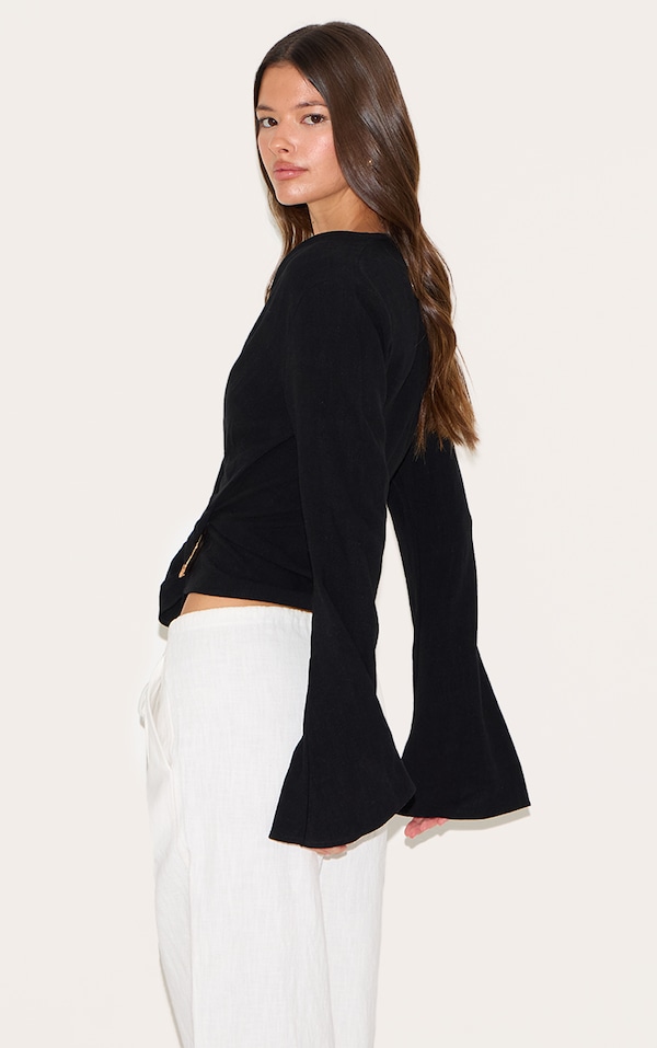 Black Linen Look Wrap Trim Tie Top | Tops | PrettyLittleThing USA