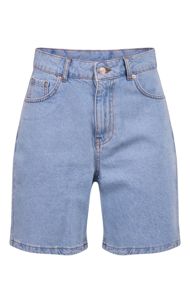 Mid Blue Wash Relaxed Fit Longline Denim Boyfriend Shorts | Denim | PLT USA