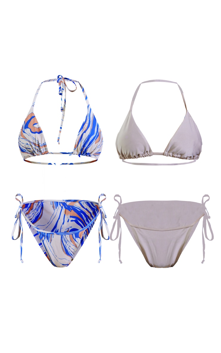 Blue Marble And Plain 2 Pack Triangle Bikini Set | PrettyLittleThing