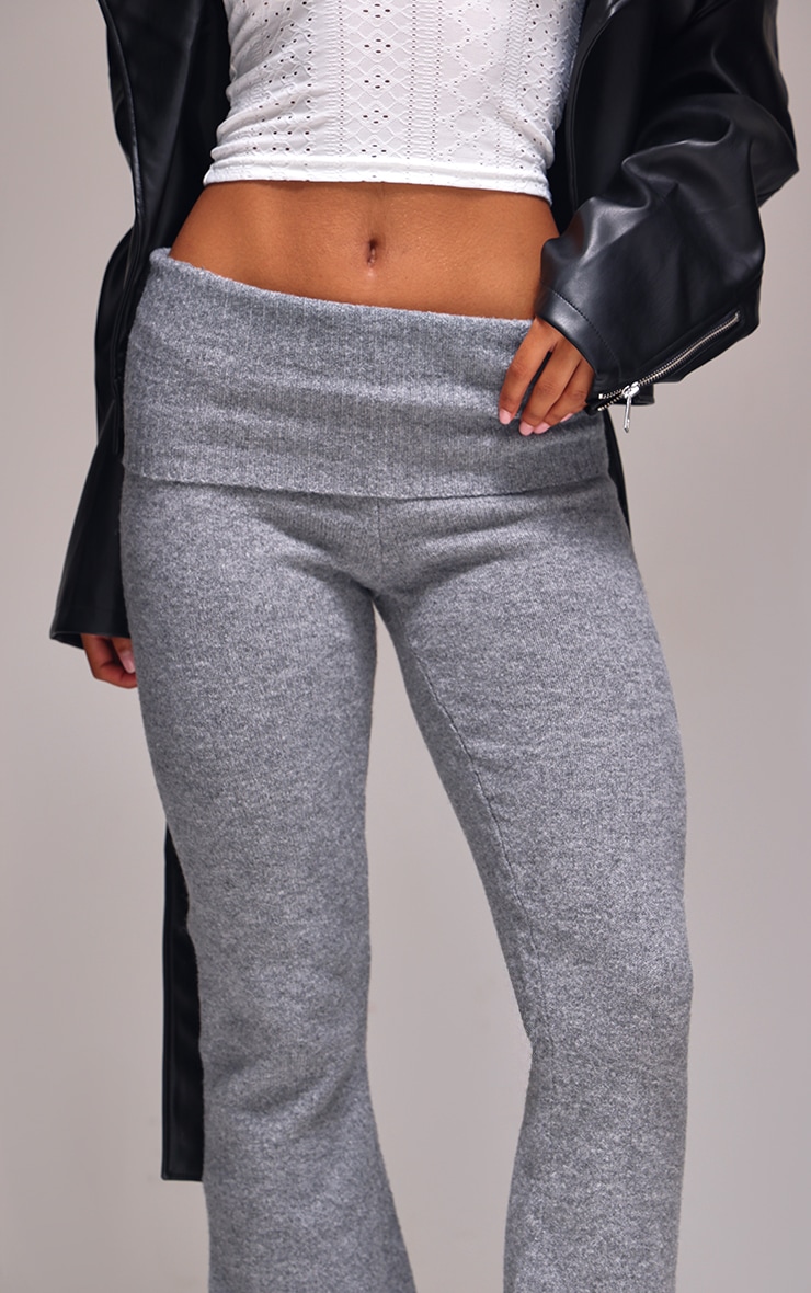 Ash Grey Melange Foldover Waist Flare Trousers | Knitwear | PLT