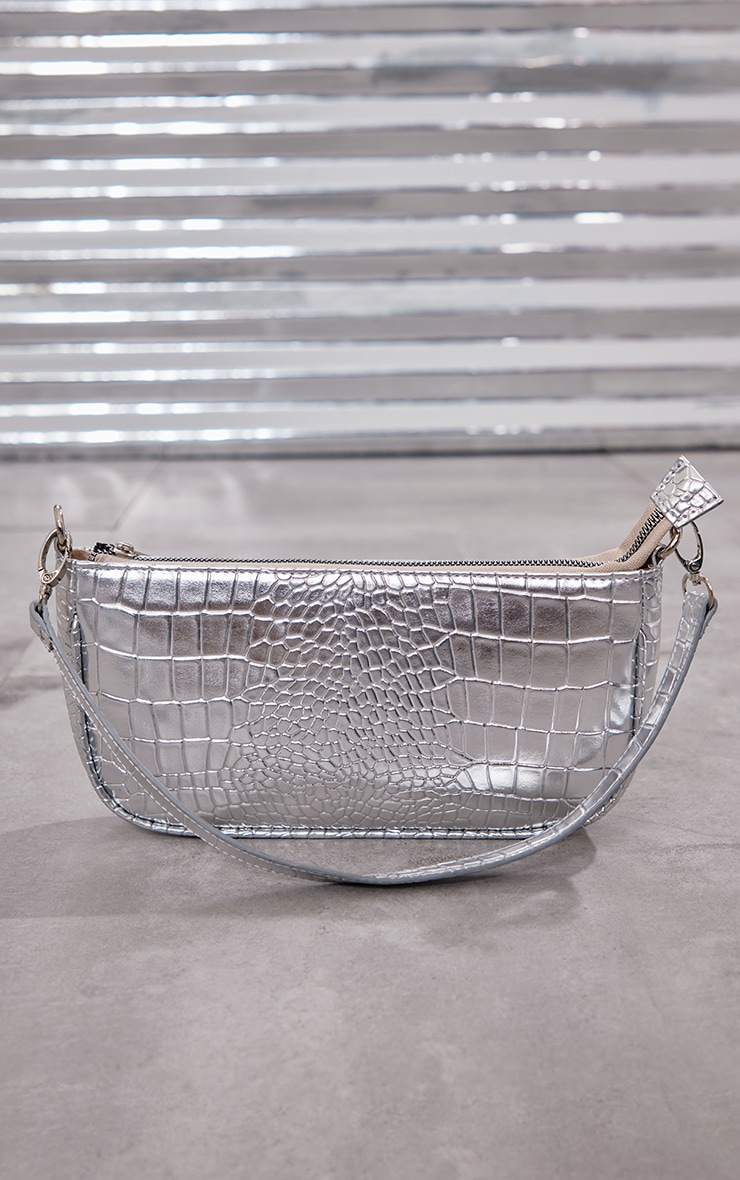 Silver Simple Croc Shoulder Bag | PrettyLittleThing