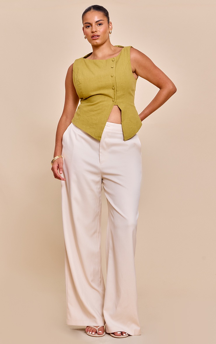 Plus Olive Premium Linen Asymmetric Button Up Vest | Plus Size ...