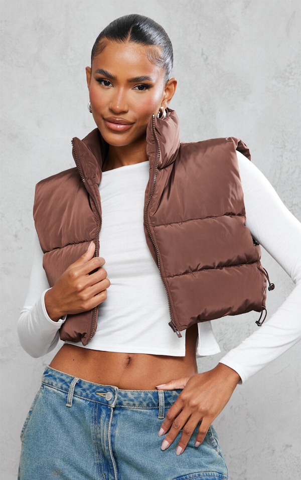 Chocolate Side Toggle Detail Cropped Vest | PrettyLittleThing CA