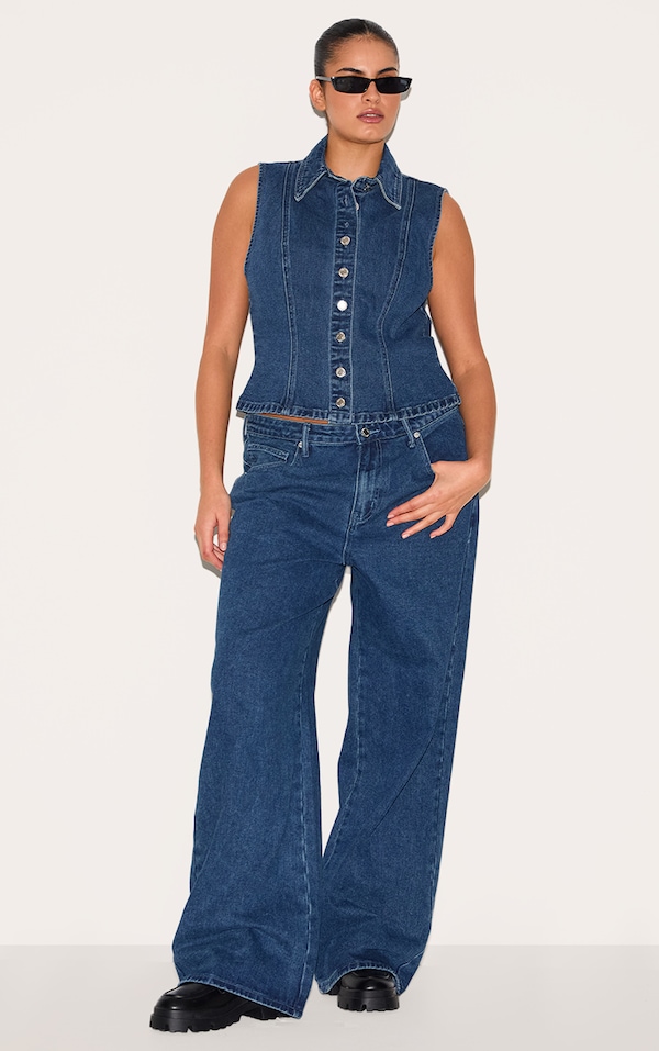 Plus Dark Blue Denim Collar Waistcoat | Plus Size | PLT