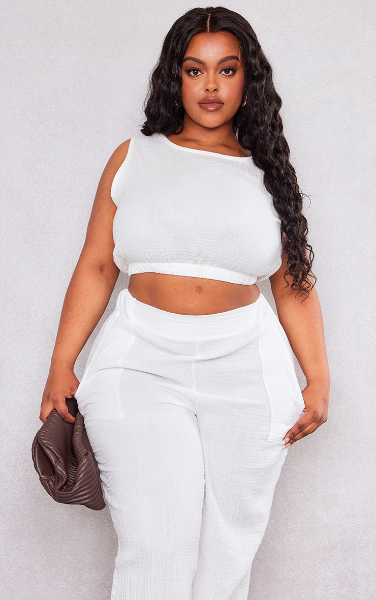 Plus White Textured Linen Look Elasticated Hem Top | Plus Size ...