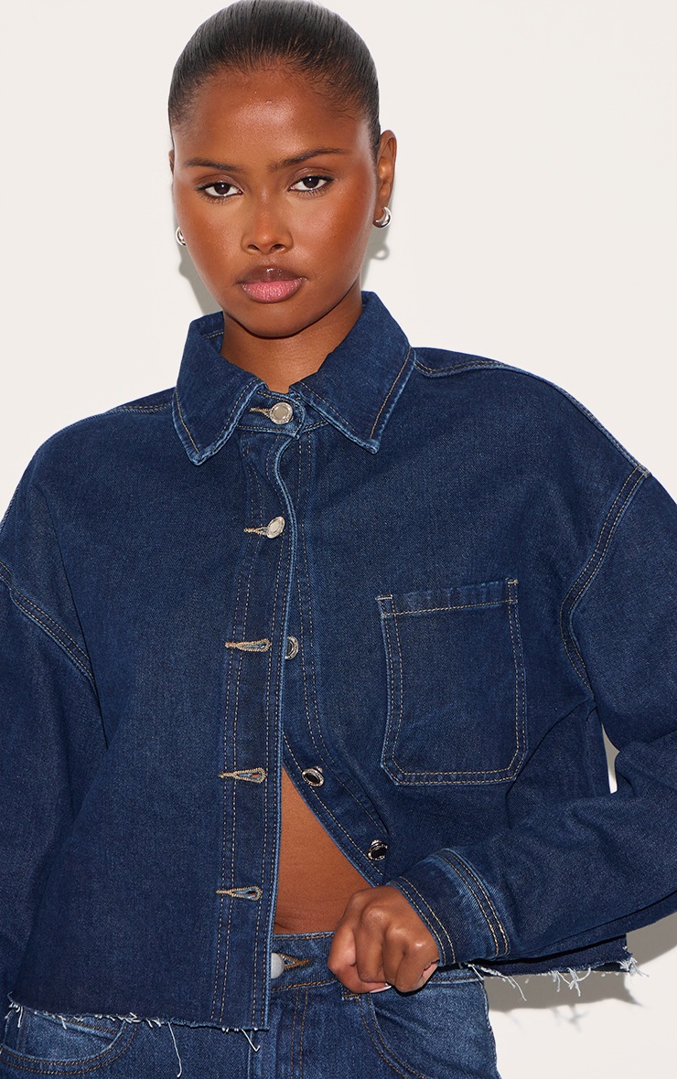 Indigo Raw Hem Cropped Denim Shirt | Denim | PLT
