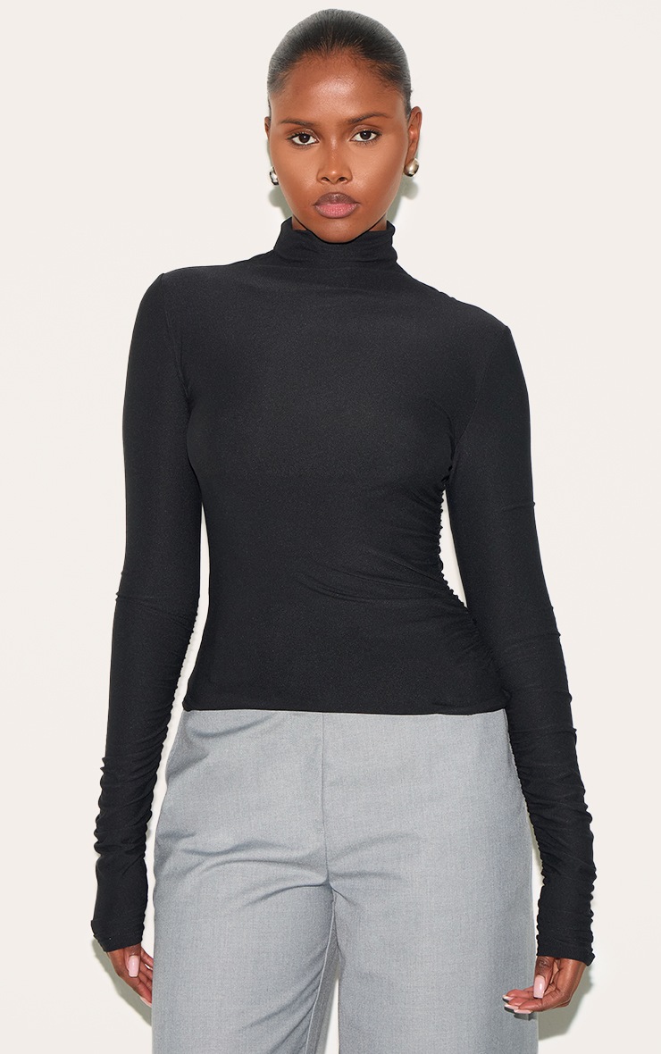 Black Soft Touch High Neck Ruched Sleeve Top | Tops | PLT
