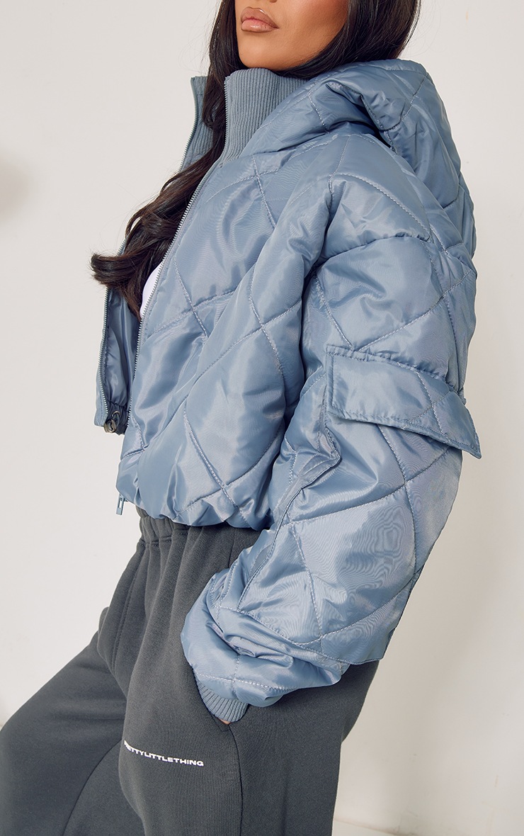 Petite Grey Quilted Rib Insert Crop Puffer Jacket | Petite | PLT