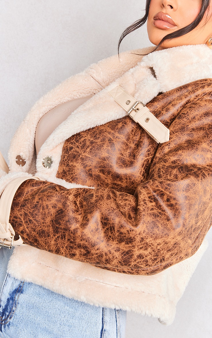 Petite Brown Borg & Distressed PU Aviator Jacket | Petite | PLT