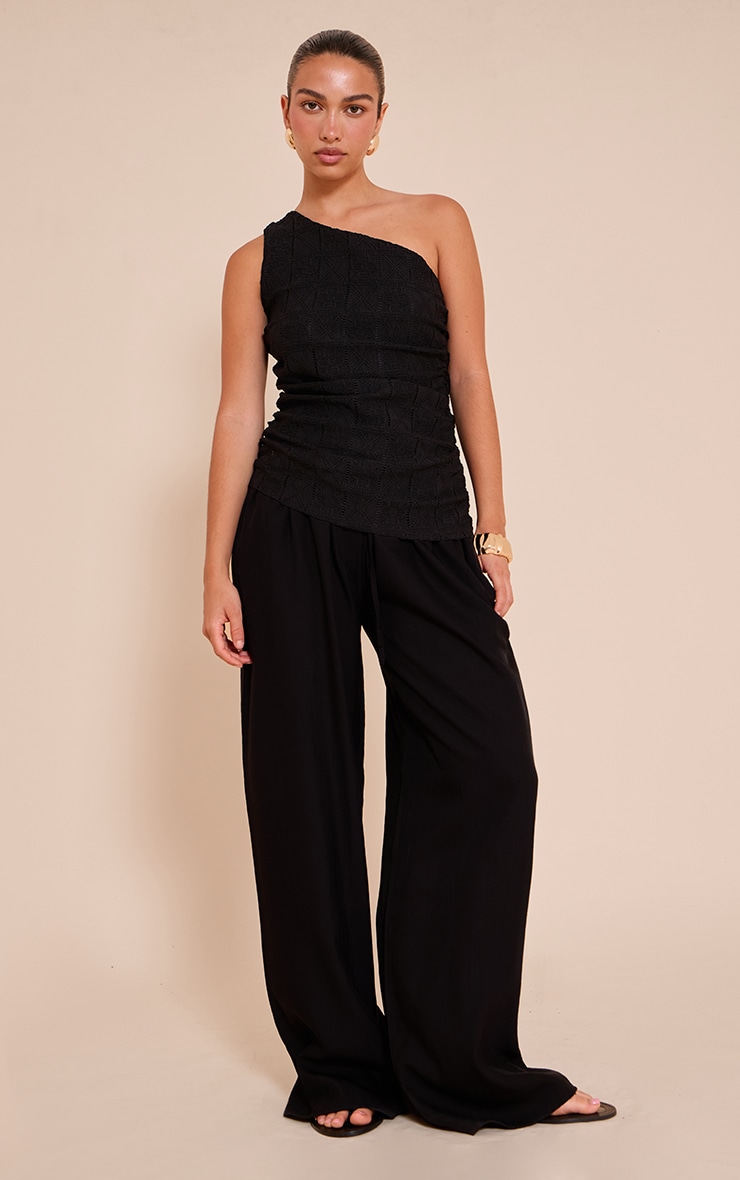 Black Crochet Textured One Shoulder Ruched Top | Tops | PLT