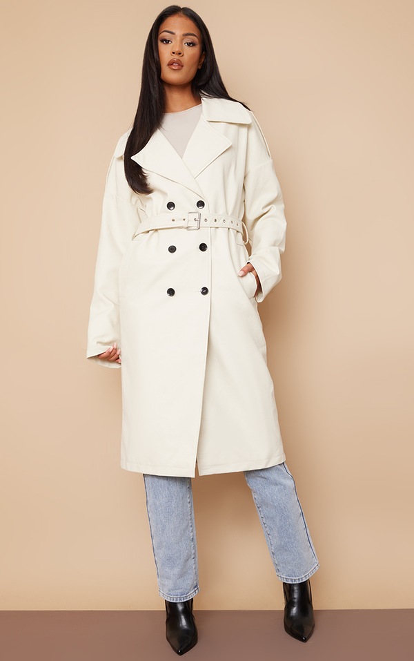 Tall Cream Faux Leather Drop Arm Midi Trench | Tall | PLT