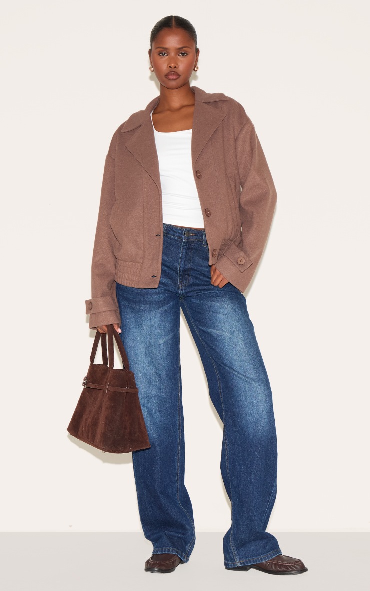 Mushroom Wool Look Button Up Front Bomber Jacket | Outerwear | PLT