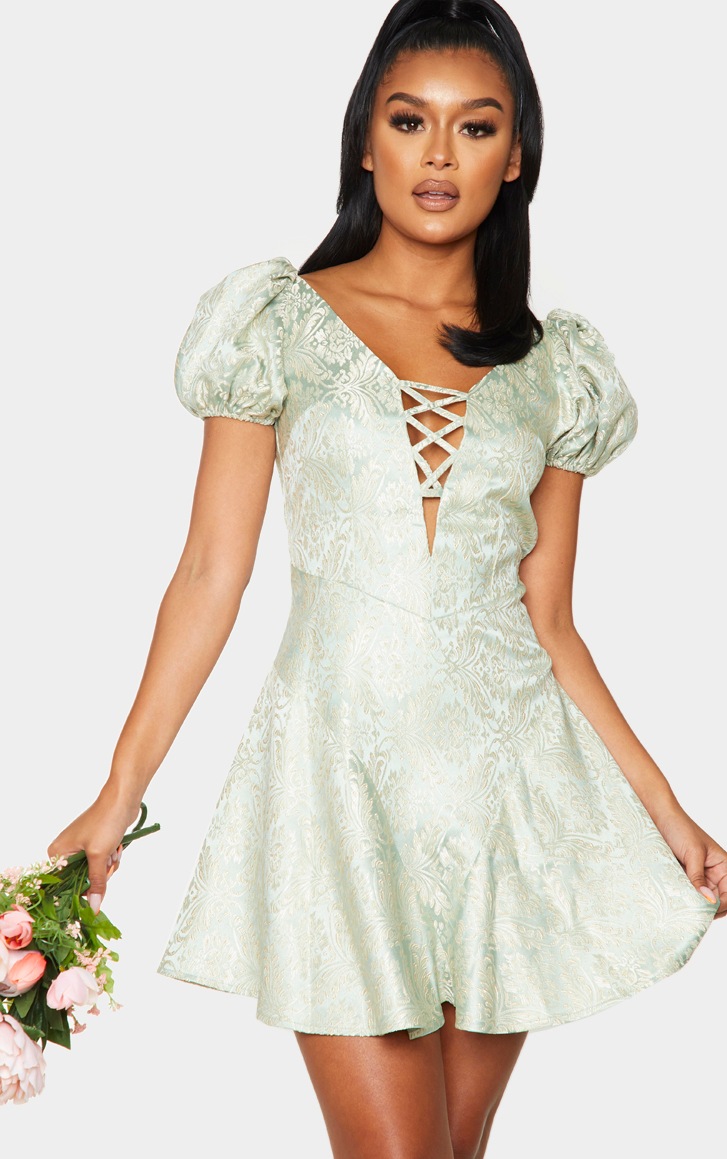 Sage Green Jacquard Criss Cross Puff Skater Dress | PrettyLittleThing AUS Sage Green Jacquard Criss Cross Puff Skater Dress | PrettyLittleThing AUS