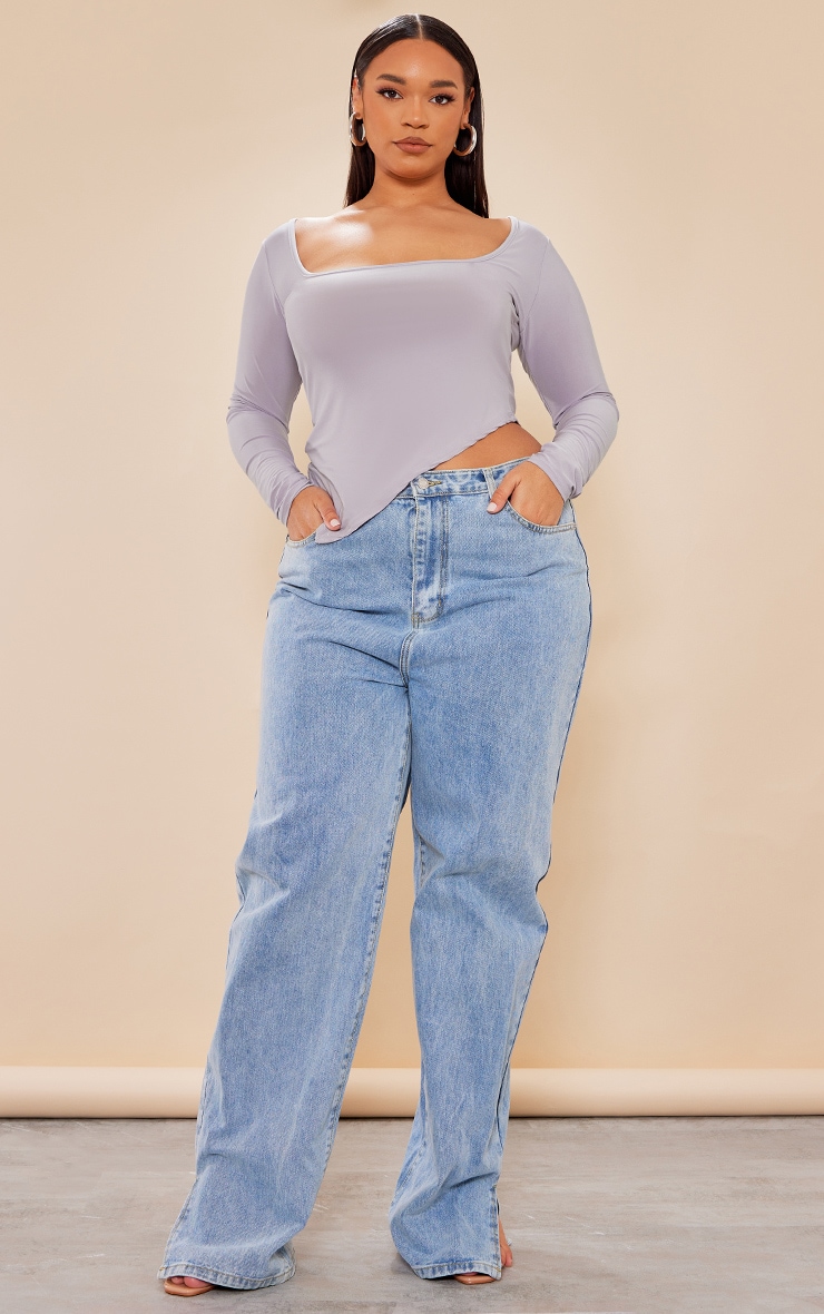 Plus Moss Grey Asymmetric Hem Longsleeve Top | PrettyLittleThing USA