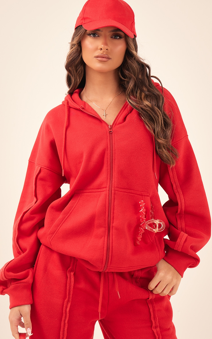 Red Oversized Zip Through Seam Detail Hoodie | Sweat ...