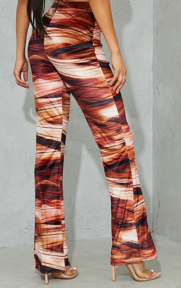 Brown Striped Print Velvet Flared Trousers | PrettyLittleThing USA