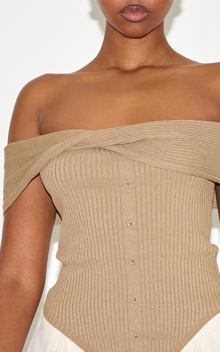 Taupe Rib Knit Twist Bardot Button Through Top | Knitwear | PLT