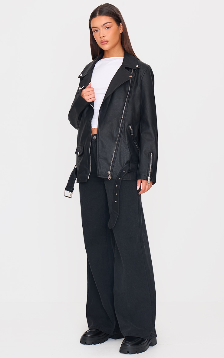 Black Faux Leather Longline Belted Biker Jacket | Outerwear | PLT