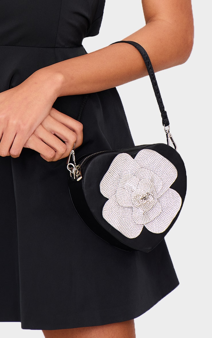 Black Satin Heart Shape Diamante Flower Handbag | Accessories ...