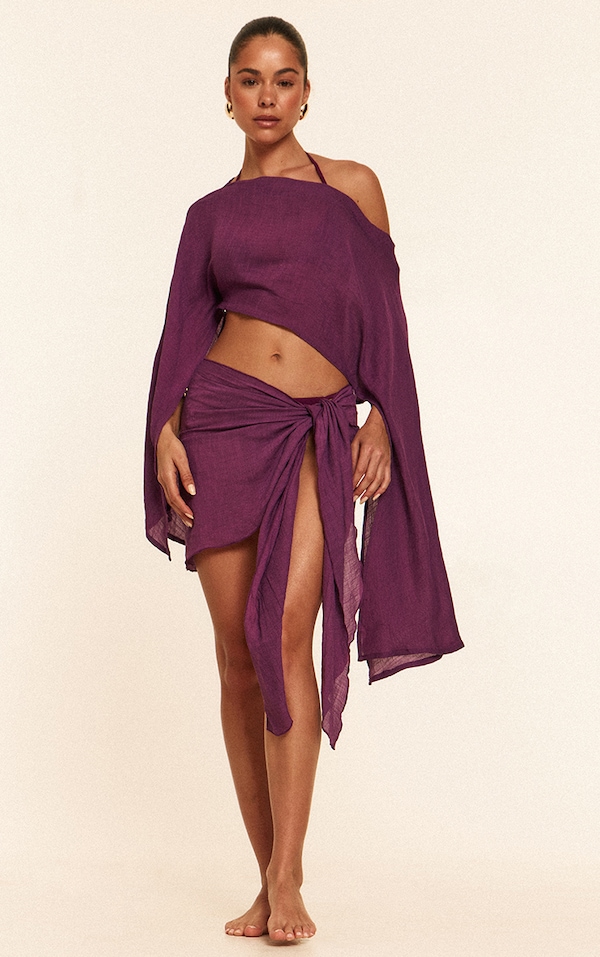 Purple Linen Look Drape Shoulder Top | Swimwear | PLT