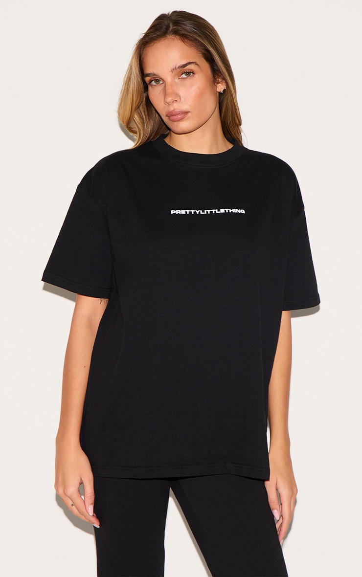 PRETTYLITTLETHING Black Print Oversize T Shirt | Co-ords | PrettyLittleThing