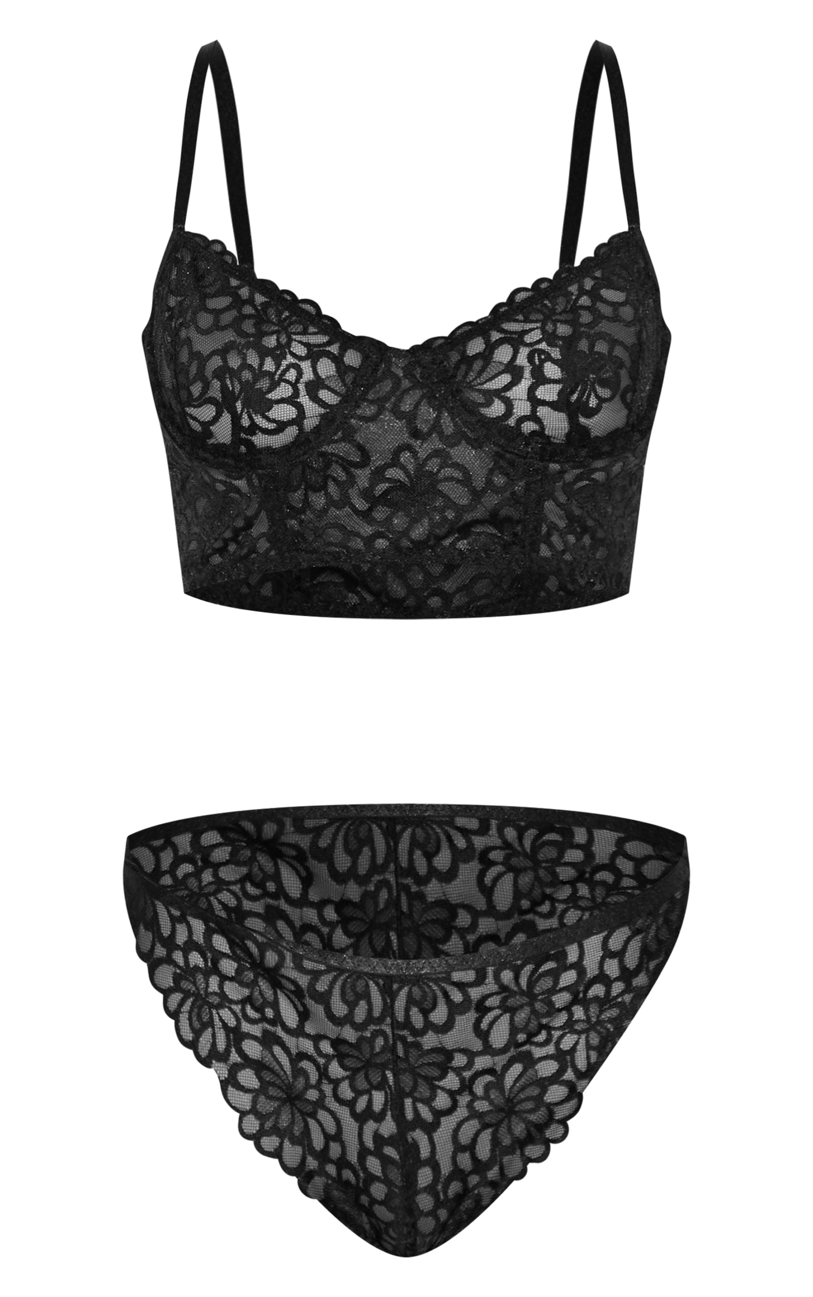 Black Floral Scalloped Edge Longline Bra Knicker Set | Lingerie ...
