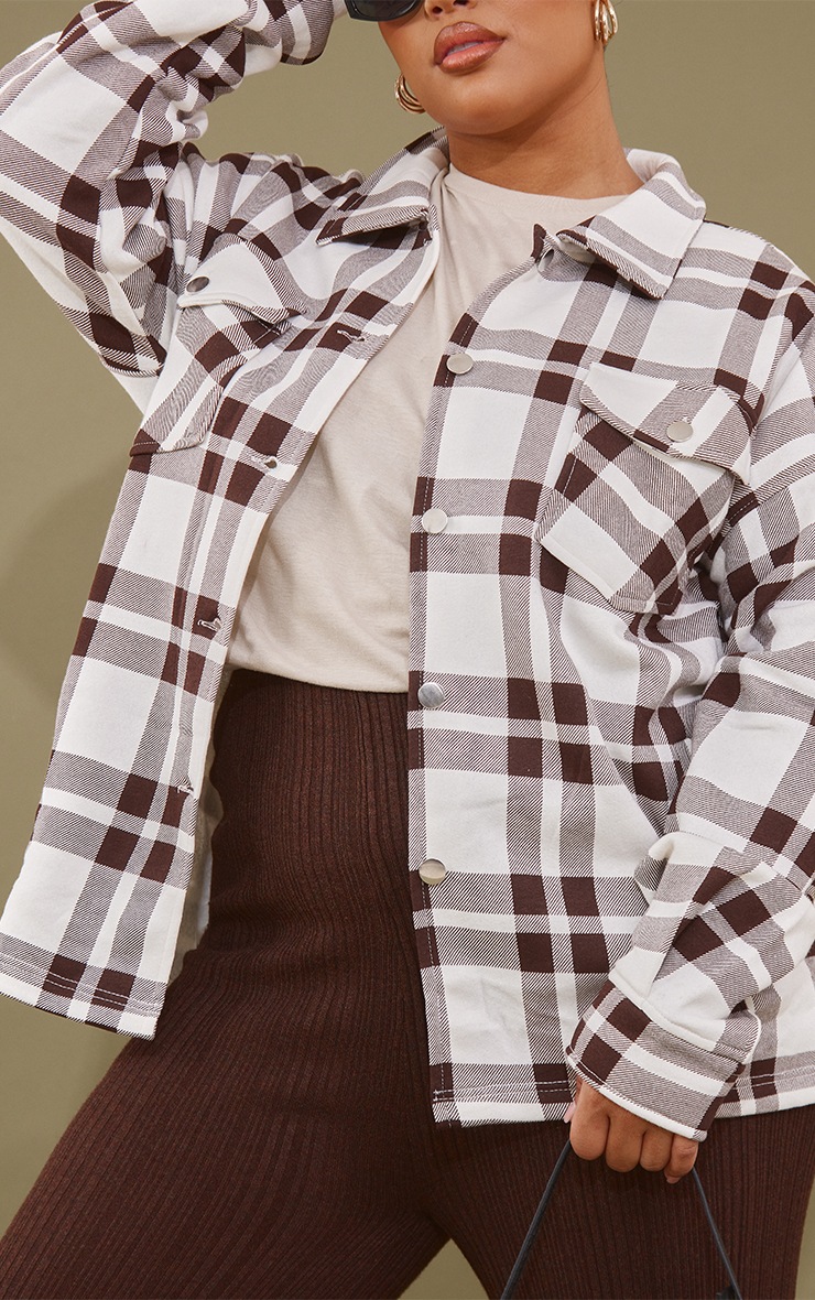 Plus Chocolate Checked Pocket Front Shacket | PrettyLittleThing
