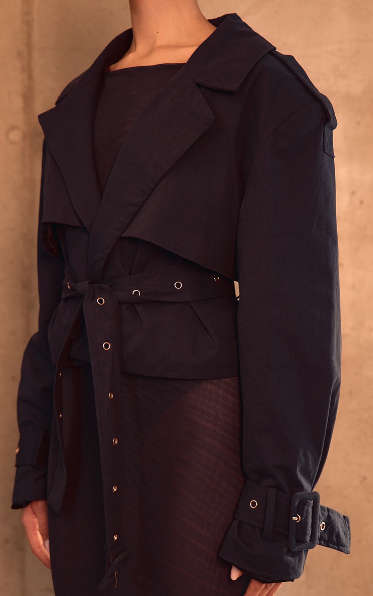 PLT Label Navy Belt Detail Cropped Trench Coat | Outerwear | PLT
