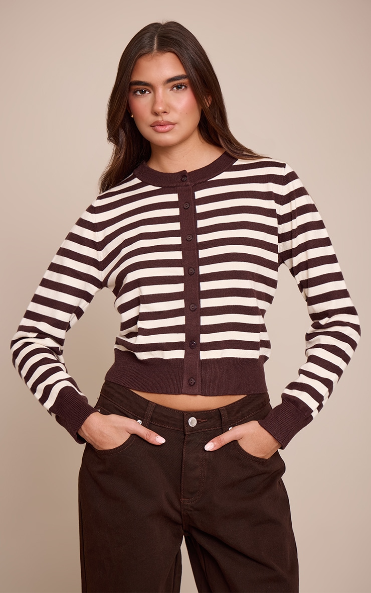 Chocolate Striped Button Up Compact Knit Cardigan | Knitwear | PLT