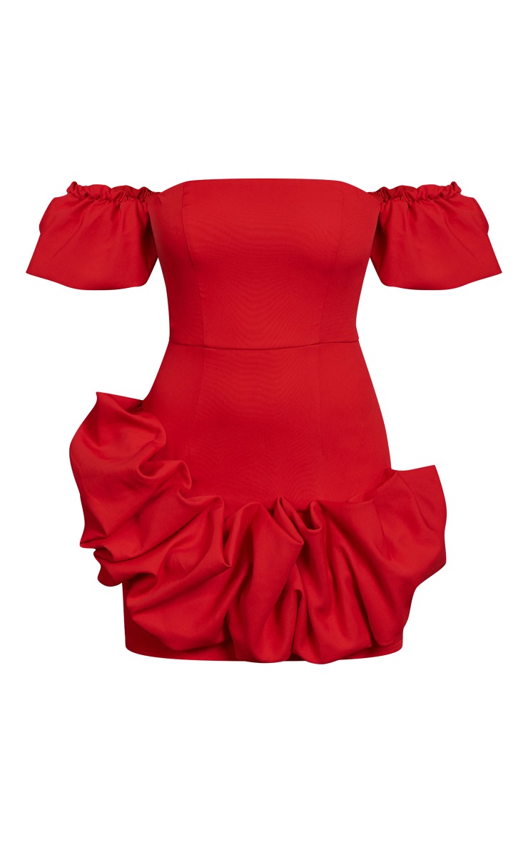 Red Frill Detail Puff Sleeve Bardot Bodycon Dress | Dresses ...