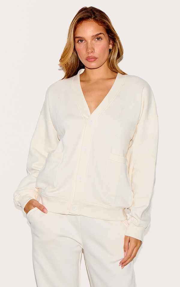 Cream Button Front Pocket Sweat Cardigan | Sweat | PrettyLittleThing