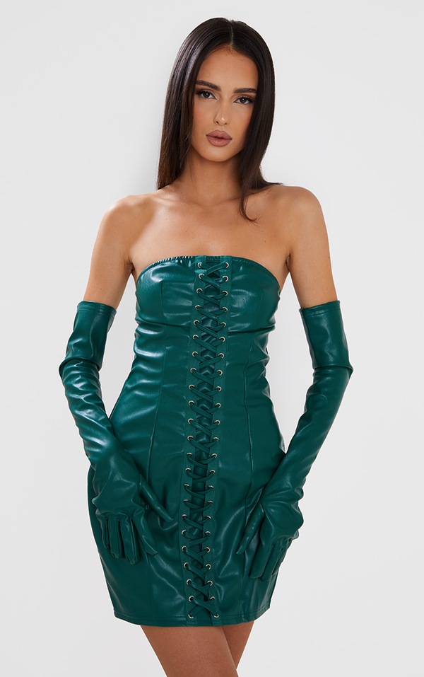 Green Pu Lace Up Detail Bardot Bodycon Dress | Dresses ...