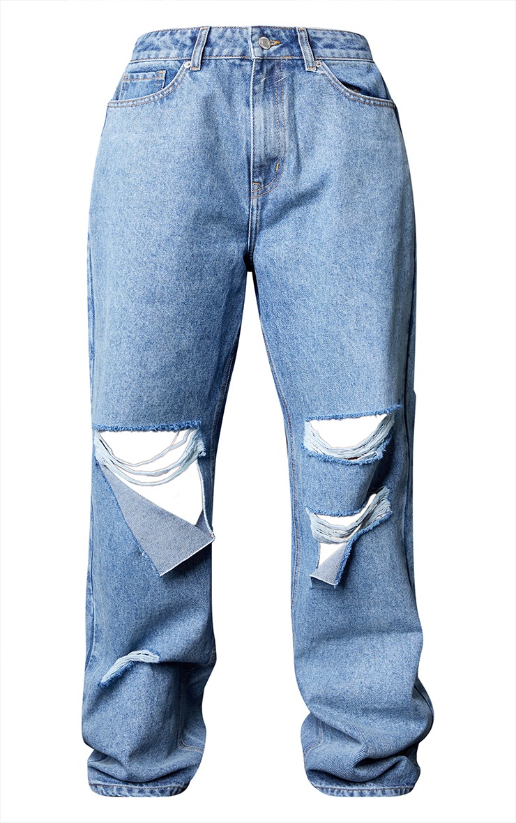 Mid Wash Baggy Low Rise Ripped Boyfriend Jeans | Denim | PLT