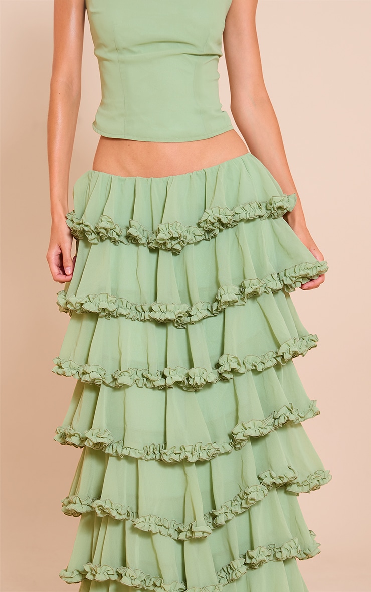 Sage Chiffon Tiered Frill Maxi Skirt | Co-ords | PLT