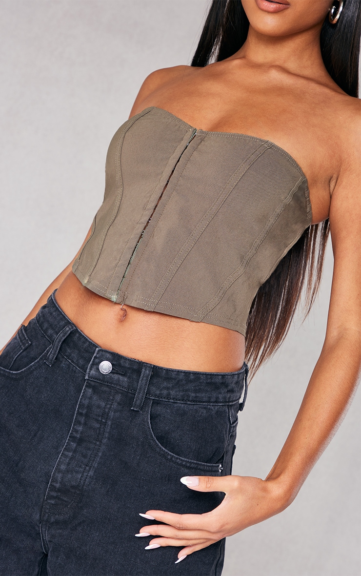 Khaki Stretch Woven Hook And Eye Crop Corset | PrettyLittleThing CA
