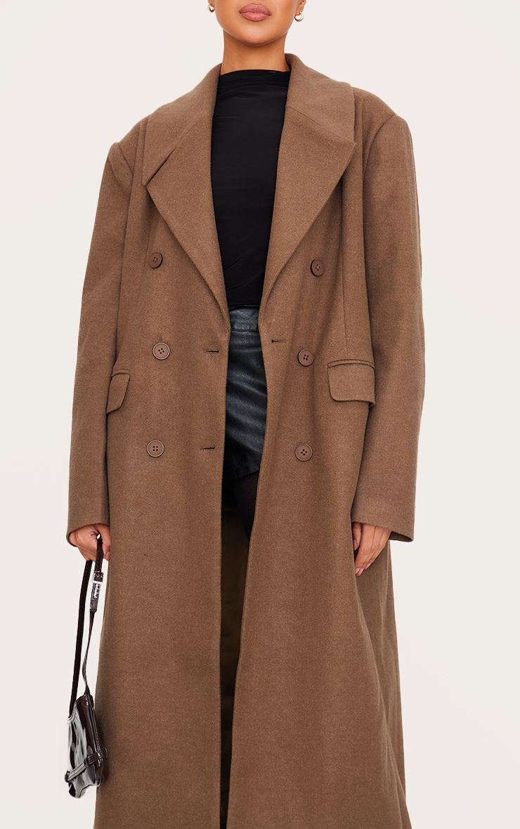Chocolate Wool Double Breasted Oversized Maxi Coat | Outerwear | PrettyLittleThing USA