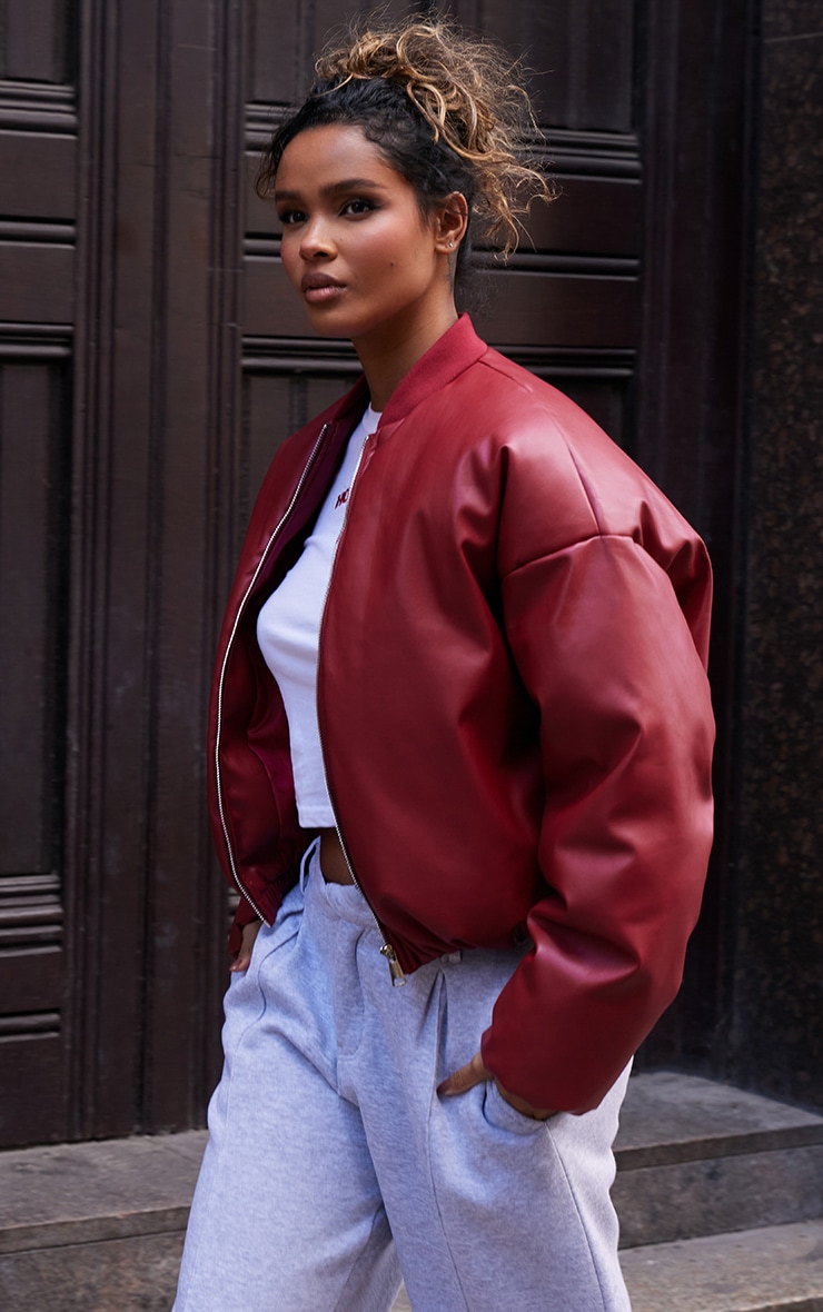Cherry Red Faux Leather Oversized Bomber Jacket | Outerwear ...