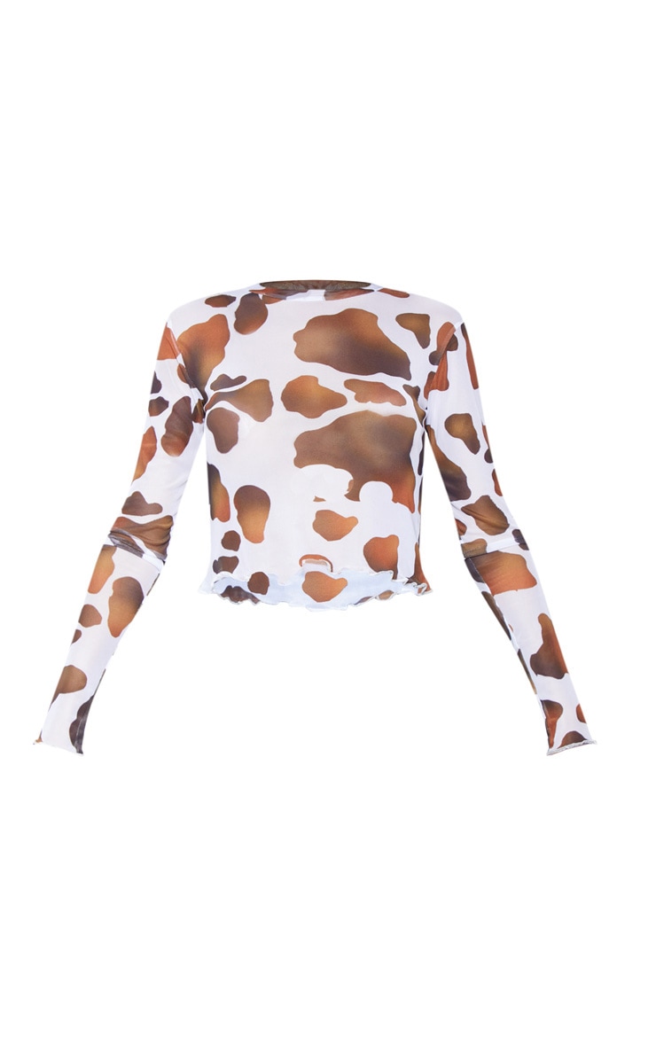 Brown Cow Printed Mesh Frill Hem Top | Tops | PrettyLittleThing