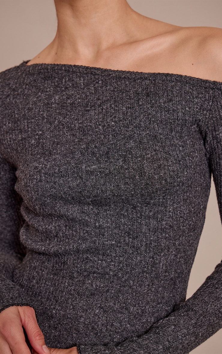 Charcoal Marl Rib Asymmetric Long Sleeve Top | Tops | PLT USA