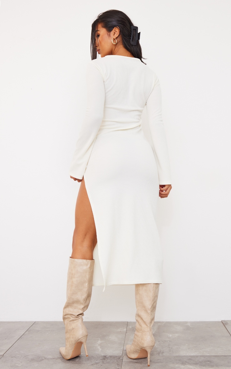 Cream Brushed Rib Flare Sleeve Midaxi Dress | PrettyLittleThing USA